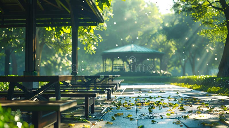 A Park with Benches and Trees in the Background Stock Photo - Image of ...