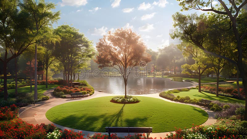 Park Design Rendering with Pond and Sunlit Tree. Generative by AI Stock ...