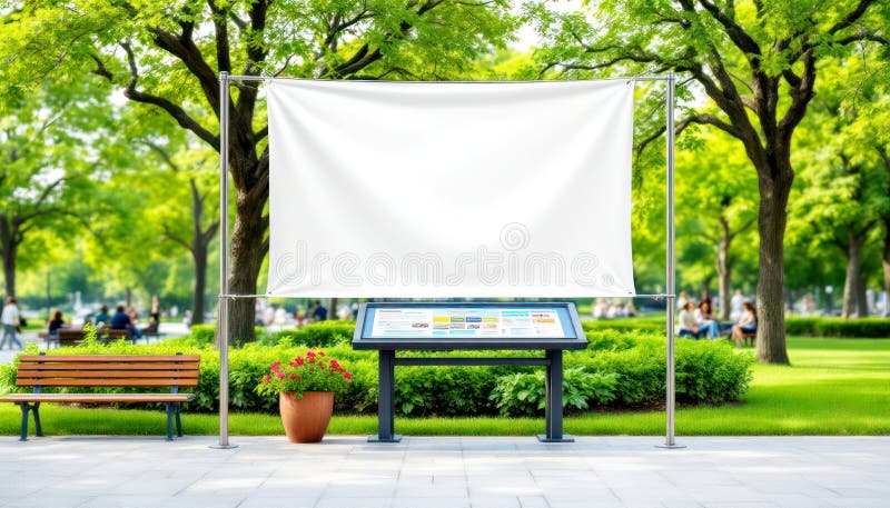 Park Display with Blank Banner and Information Board Surrounded by Lush ...