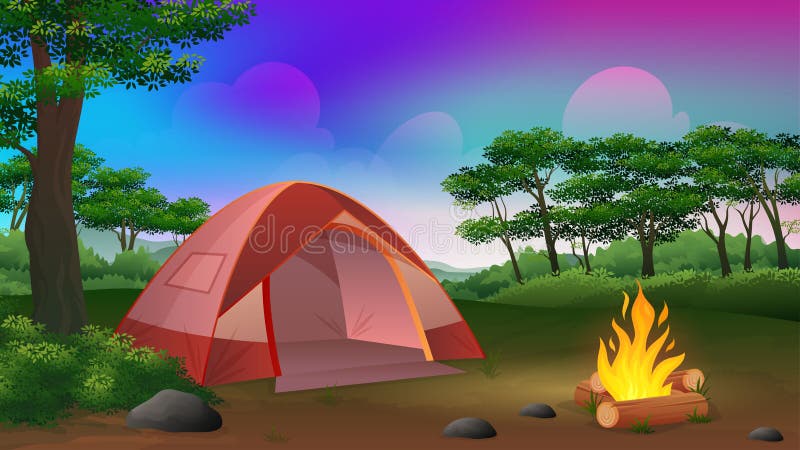 Summer Camping at Night with Forest Landscape, Tent, Campfire, Trees ...