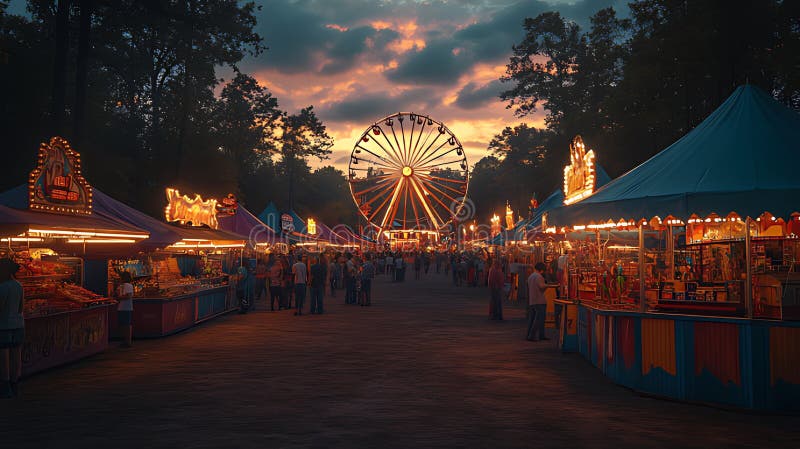 Park Fair Sunset Ferris Wheel Crowd Fun Stock Illustration ...