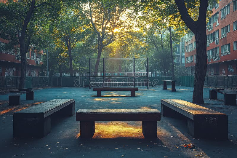 Park with a Few Benches and Trees Stock Photo - Image of park, green ...
