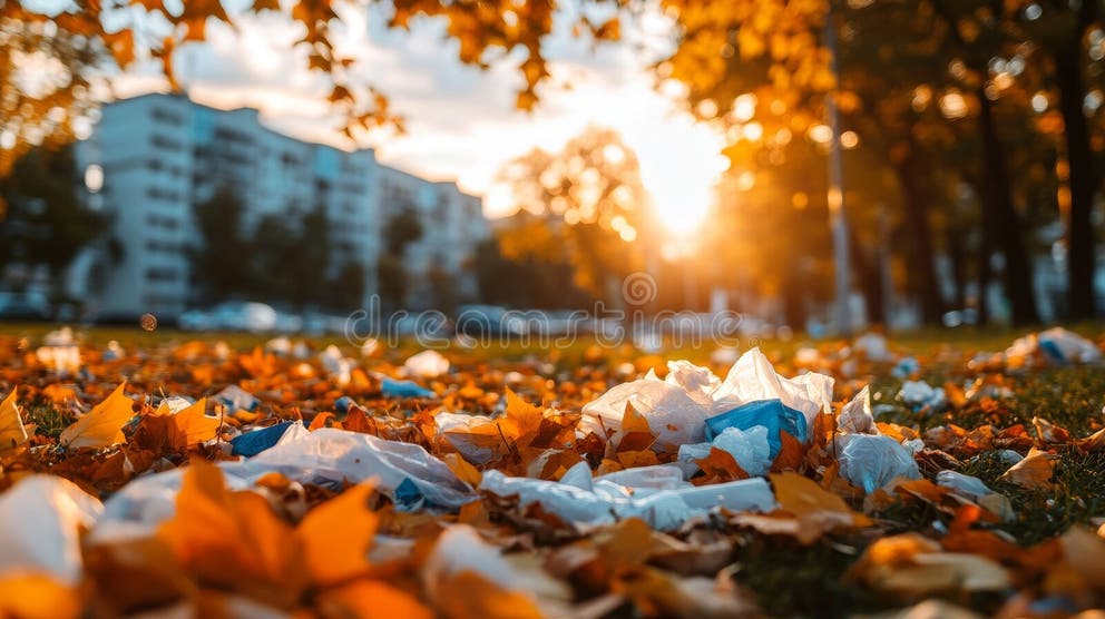 A Park that Includes a Trash Can and a Stack of Garbage on the Ground ...