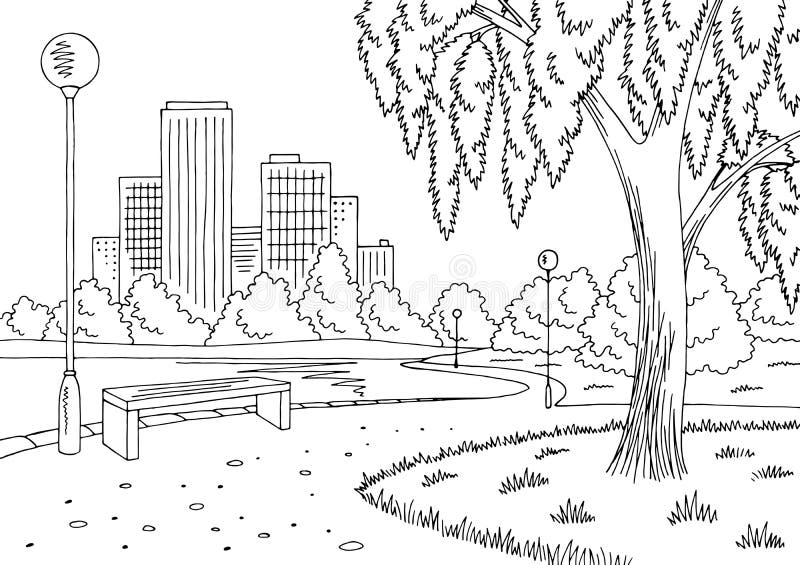 Park Lake Graphic Black White Landscape Sketch Illustration Vector ...