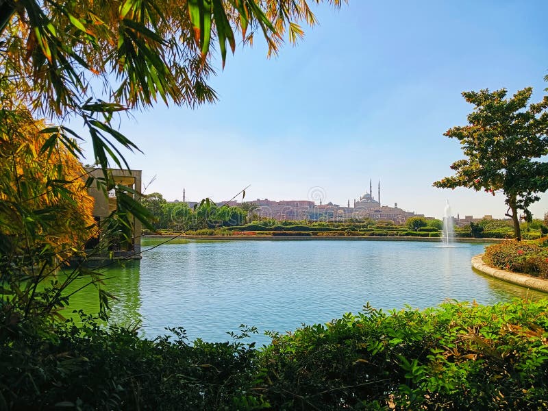 Al Azhar Park in Cairo in Egypt Stock Photo - Image of plant, water ...