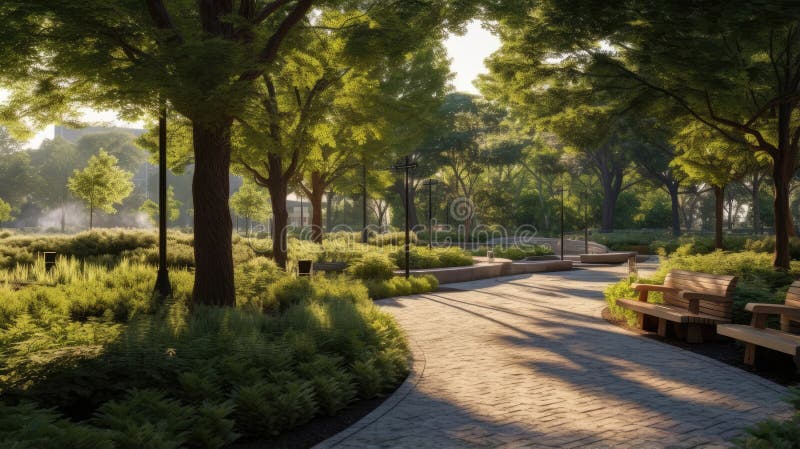 A Park Landscape with Thoughtfully Designed Pathways, Seating Areas ...