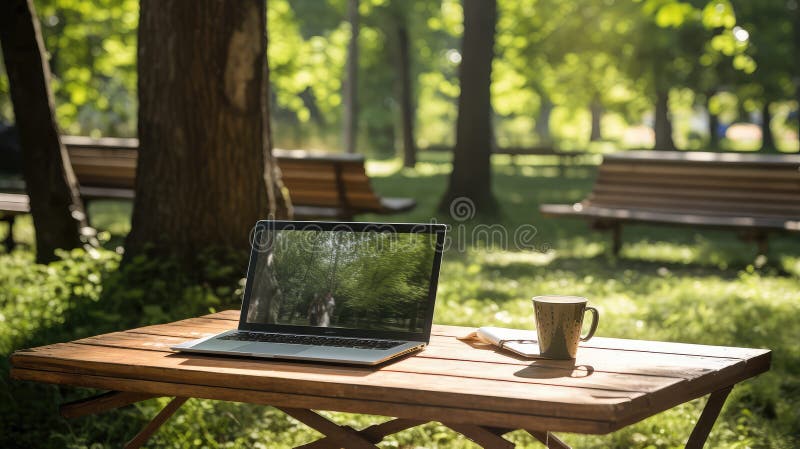 Park laptop on wood stock illustration. Illustration of working - 336058248
