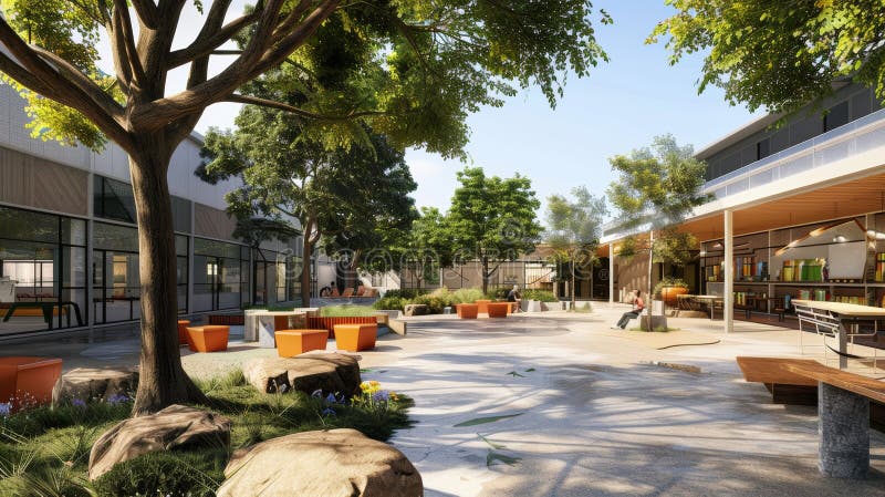 A Park with a Large Tree in the Center and Benches Around it Stock ...