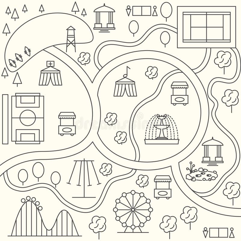 Park Map in Outline Design Style. Vector Stock Vector - Illustration of ...