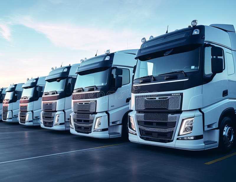 Park of Modern Trucks Parked in a Row. Logistics and Transport Services ...