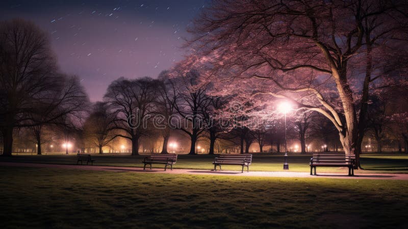 Park at Night with Benches and Trees Stock Illustration - Illustration ...