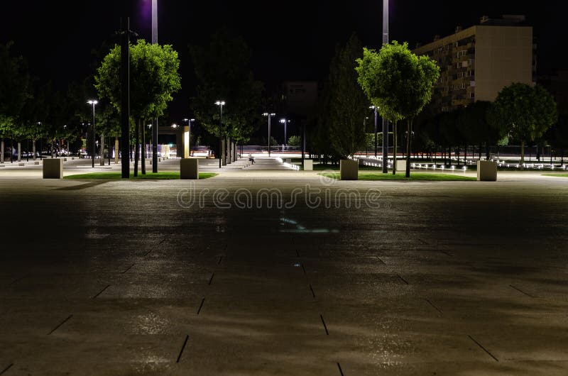 Park at Night with Lighting and Walking Paths. Stock Photo - Image of ...