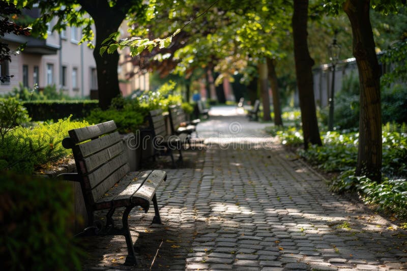 A Park with a Path Lined with Trees and Benches Stock Image - Image of ...