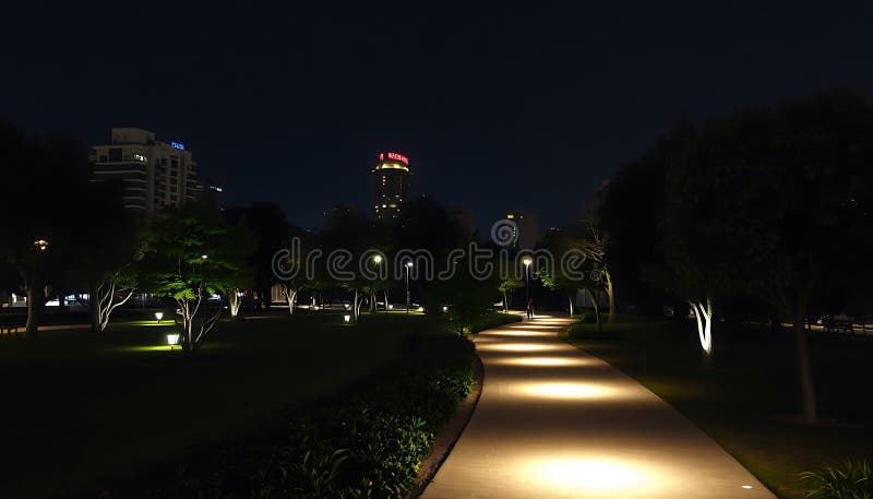 Pathway Lit with Ground Lights in a Park at Night Generative AI Stock ...