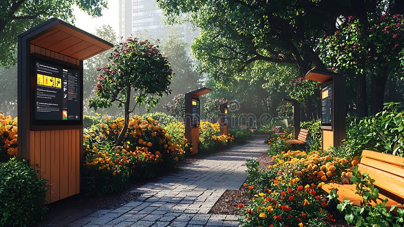 Park Pathway with Information Boards, Vibrant Flowers, and Benches ...