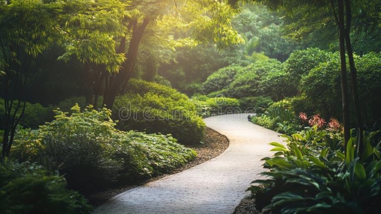 Park Pathway with Trees and Bushes Stock Photo - Image of conservation ...