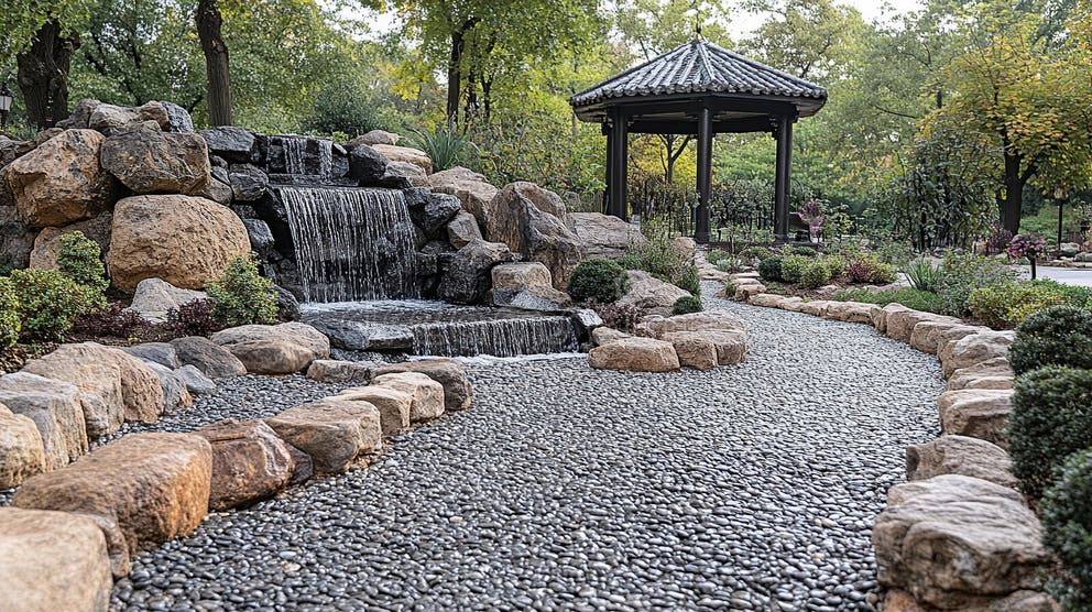 Park Pathway, Waterfall, Gazebo, Landscaping Stock Illustration ...