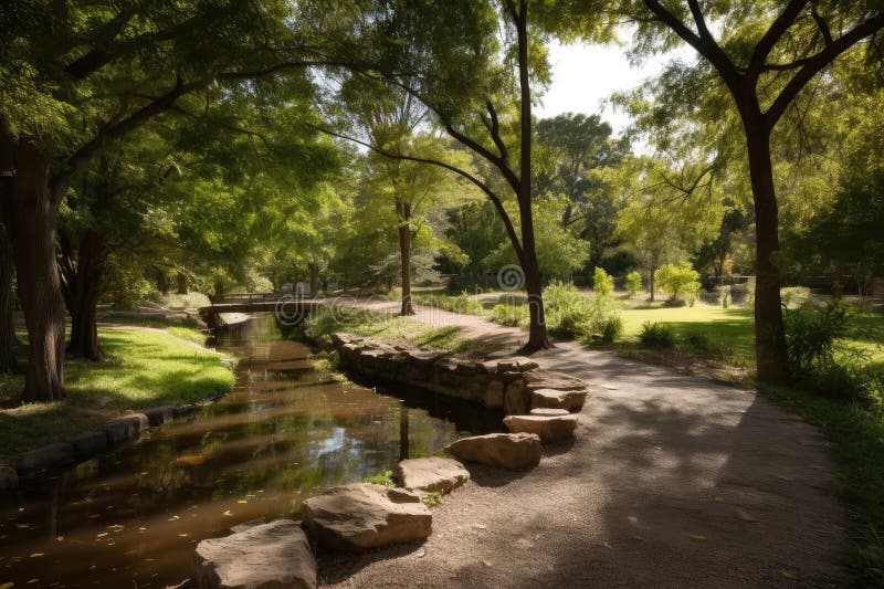 Park with Pathways, Trees and Stream Providing Peaceful Atmosphere ...