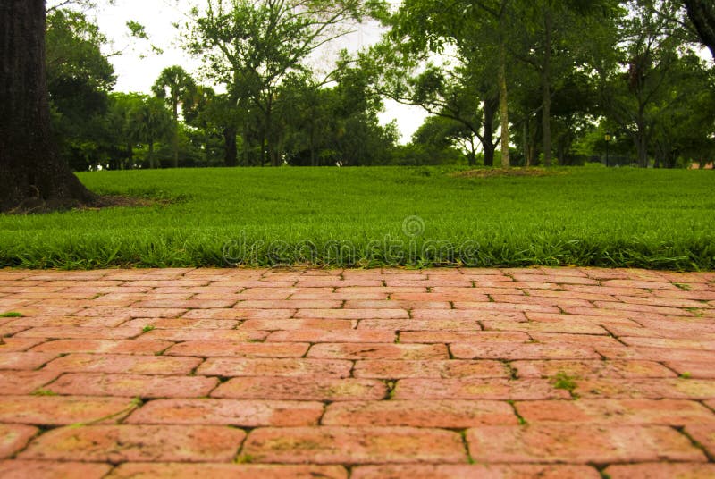 A Brick Path in the Park Long Stock Image - Image of cobblestone ...