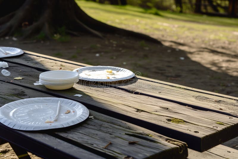 Park Picnic Table with Paper Plates and Plastic Cutlery Stock Image ...
