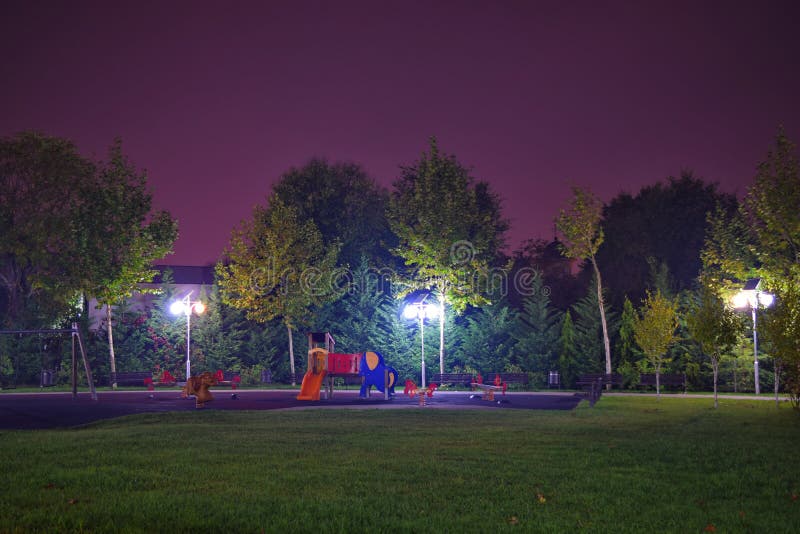 Park with Playground in the Night Stock Photo - Image of chair ...