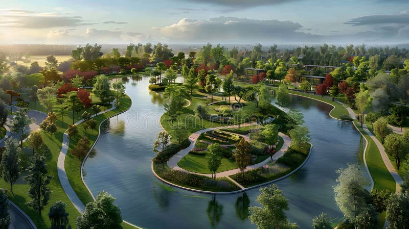 Park Project Rendering with Winding River. Generative by AI Stock ...