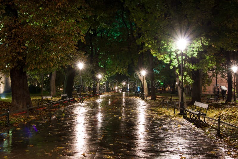 Park in a Rain, Night Scene Stock Image - Image of bench, poland: 21774167