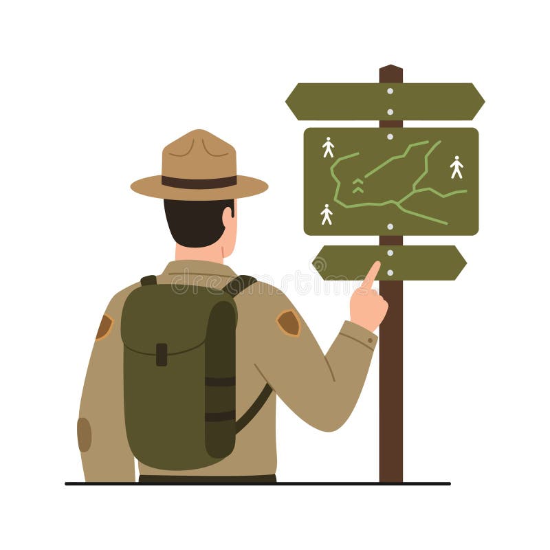 Park Ranger Exploring Hiking Trail Map with Backpack and Wide Brim Hat ...