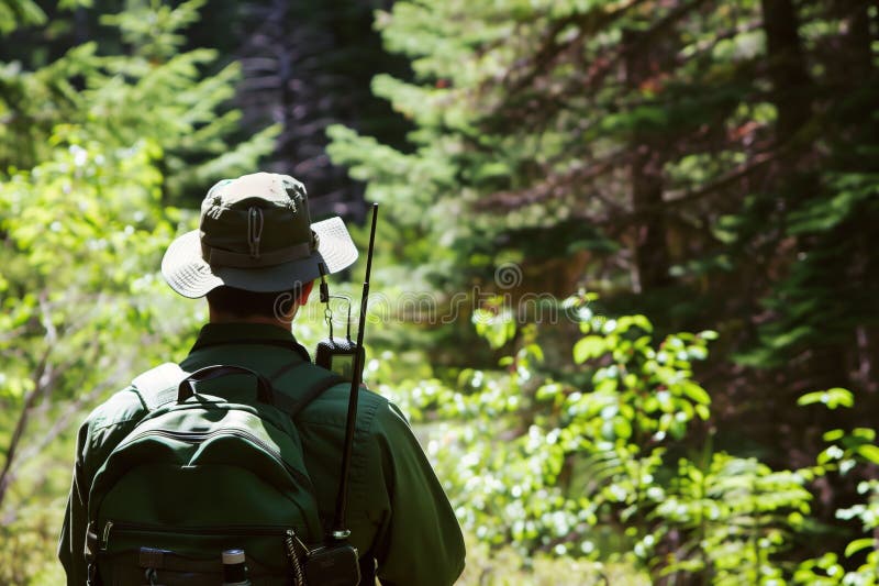Park Ranger with a Radio Transmitter Observing a Forest Area Stock ...