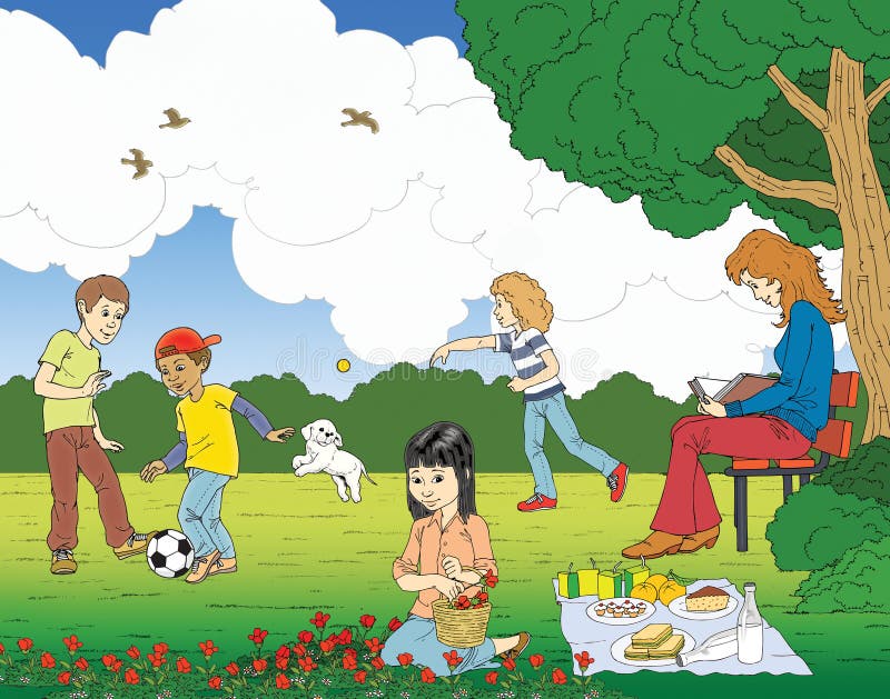 Park scene stock illustration. Illustration of birds - 14489138