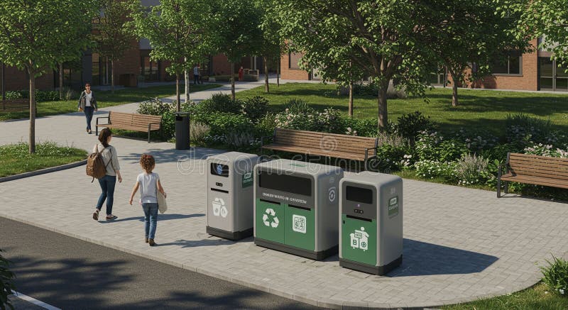 A Park Scene Features Three Labeled Recycling Bins for Sorting Waste, Set on a Paved Stock ...