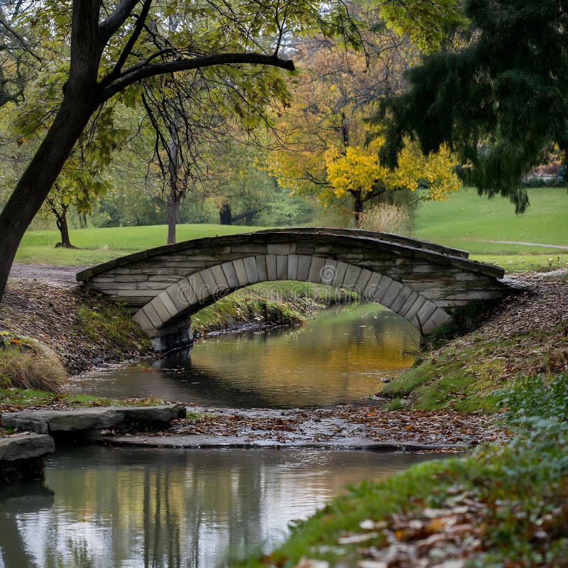 A Park Scene with a Winding Path of Small Bridge Over River, a ...