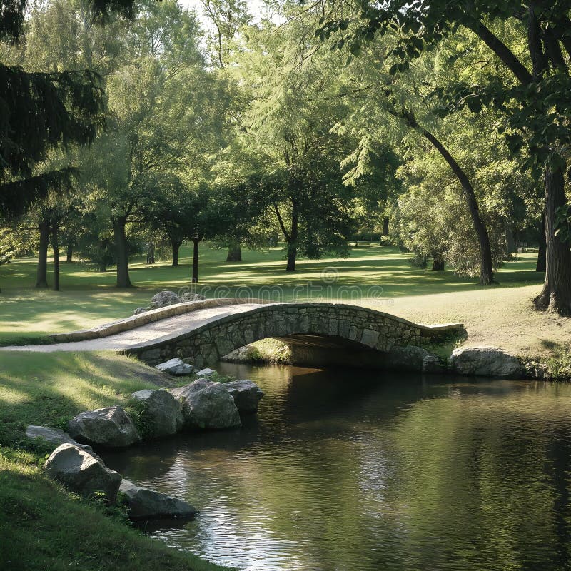 A Park Scene with a Winding Path of Small Bridge Over River, a ...