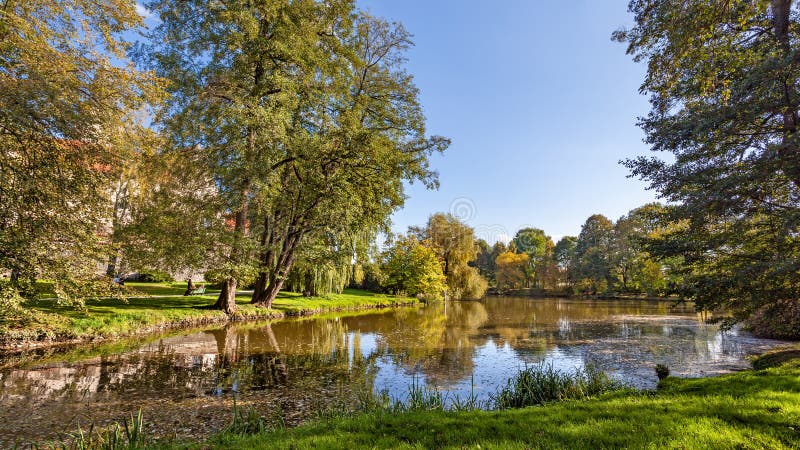 Park with Scenic Pond in the Autumn Stock Photo - Image of river ...