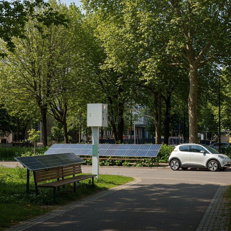 Park Setting Featuring Solar Panels on Grass beside a Paved Path ...