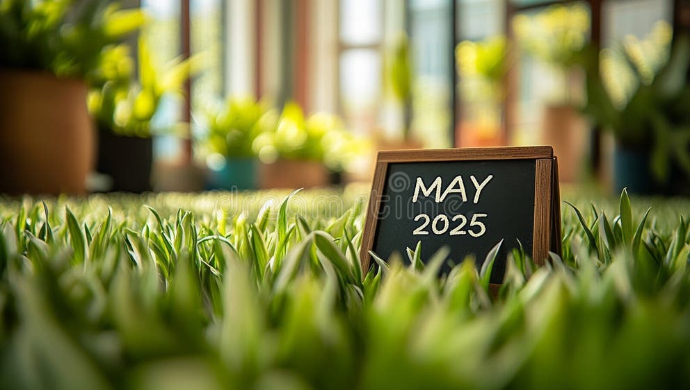 A Park in Spring with a Chalkboard Showing "MAY 2025" Against a Green ...