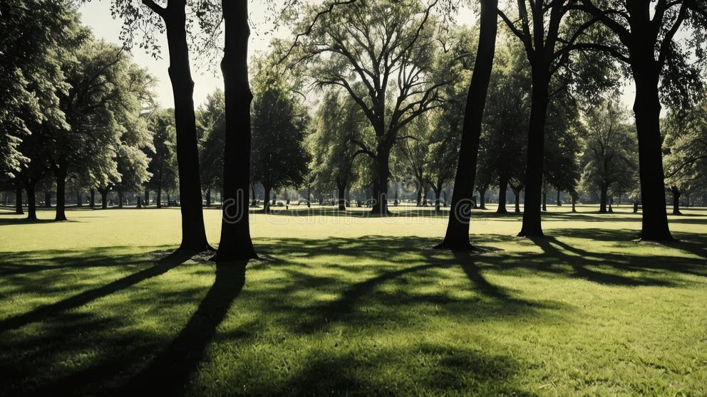 A Park with Tall Trees Casting Long Shadows on the Grass during a Sunny ...