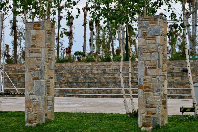 Park with Tall Trees with Steps and Columns of Stones Stock Photo ...