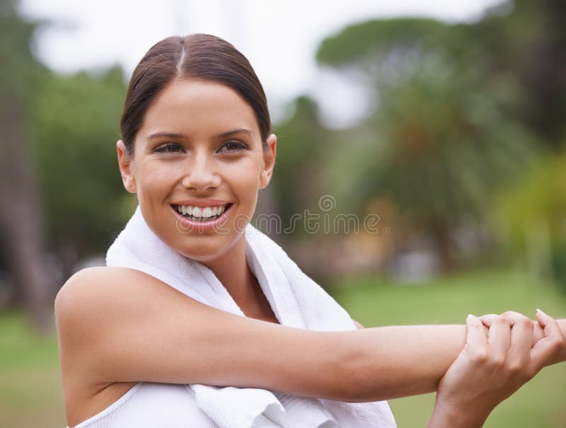 Park Thinking Or Happy Woman Stretching Arms In Training Exercise Or