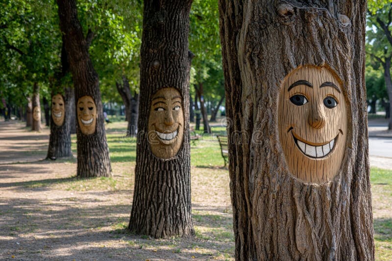 Park with Trees Featuring Unique, Funny Faces Carved into Their Bark ...
