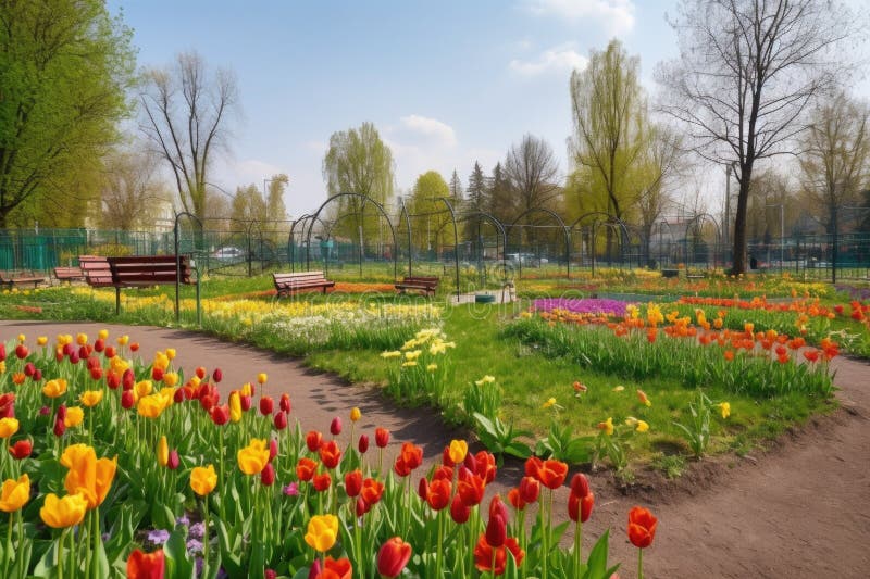 Park with Tulip Fields and Playground for Children, in Vibrant ...