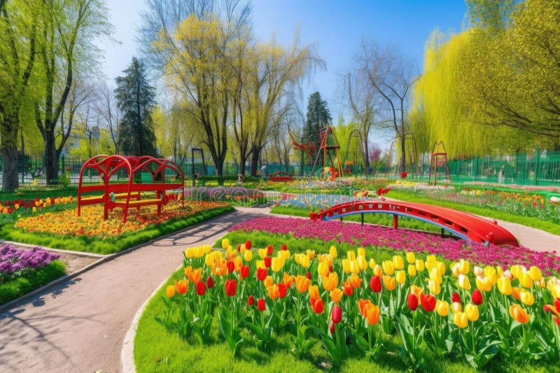 Park with Tulip Fields and Playground for Children, in Vibrant ...