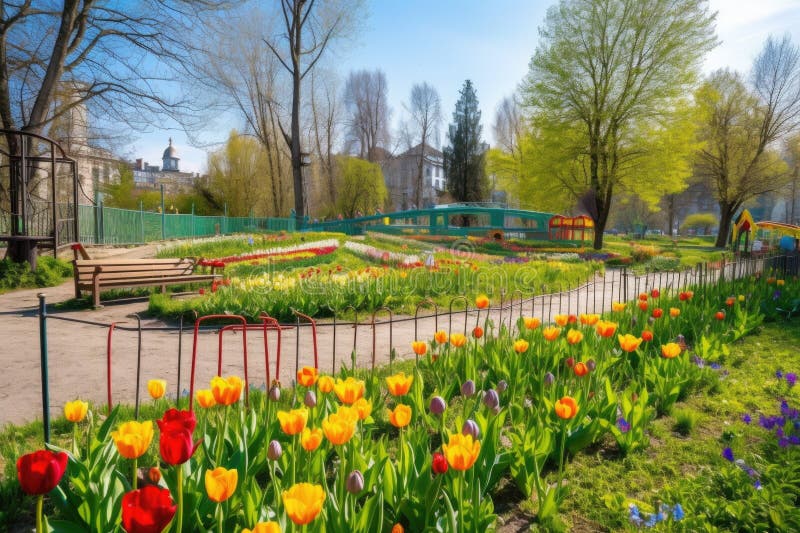 Park with Tulip Fields and Playground for Children, in Vibrant ...