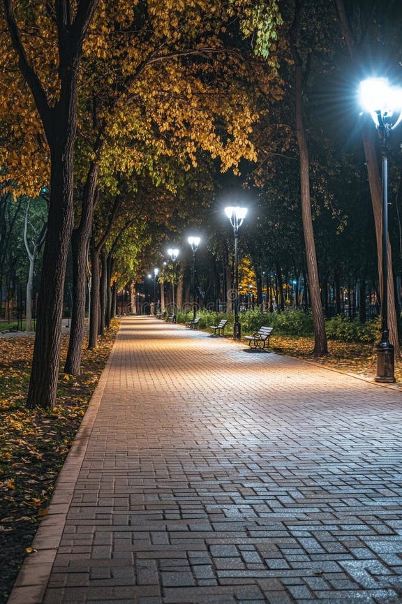 Park Walkway at Night stock photo. Image of nighttime - 380653674