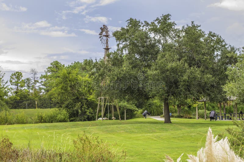 Park Windmill Scene stock photo. Image of tree, wind - 34075630