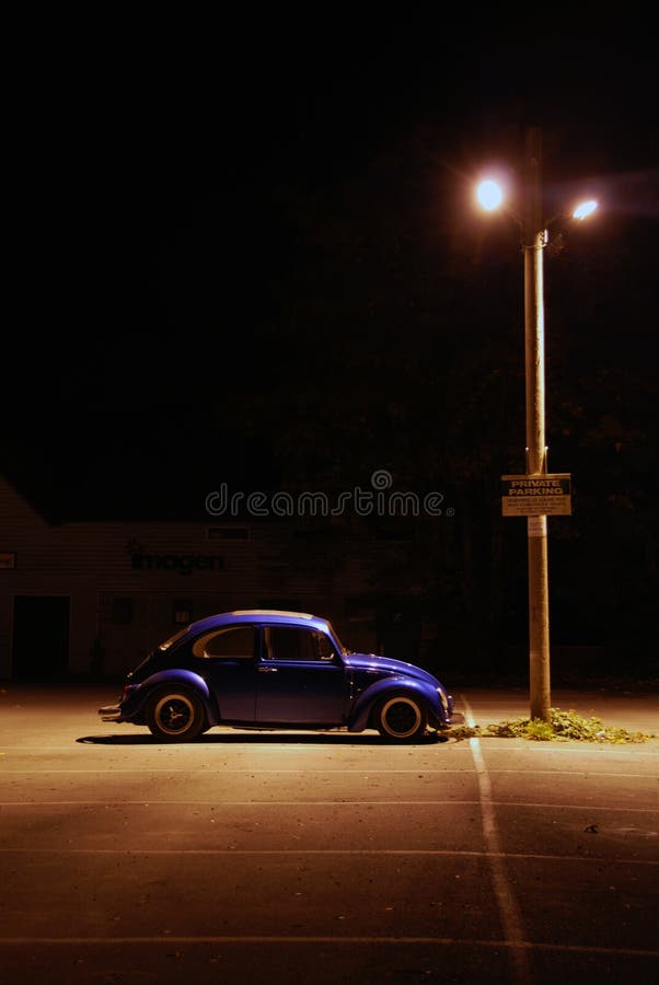 Parked Blue Car Under Street Light Stock Image - Image of night ...