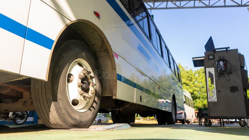 Parked Bus while Its Brake System is Inspected Stock Image - Image of ...