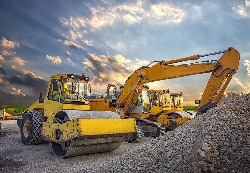 Parked Drum Roller and Excavators after Work Stock Image - Image of ...