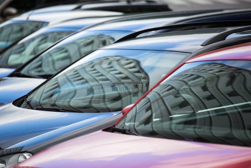 Parking cars row. stock image. Image of reflection, windshield - 100111391