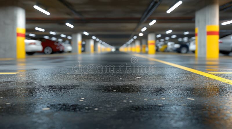 A Wet Parking Garage with Reflected Lights during Evening Hours ...